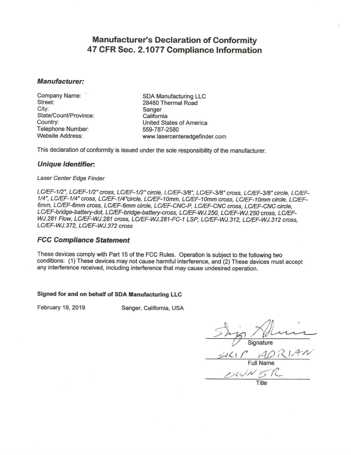 FCC Declaration of Conformity | Laser Center/Edge Finder